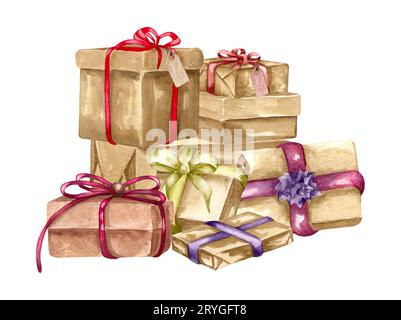 Watercolor gift box in a craft paper with a bright ribbon. Hand drawn ...