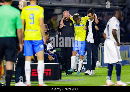 WAALWIJK - Aaron Meijers of RKC Waalwijk is injured during the Dutch Eredivisie match between ...