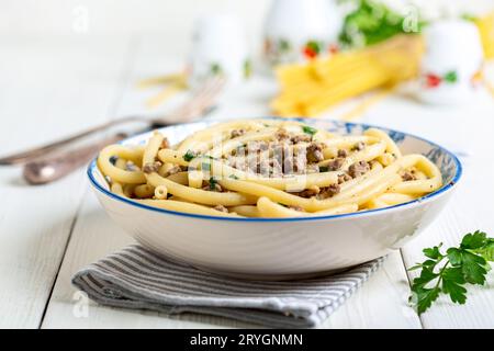 Macaroni with minced meat and herbs Stock Photo - Alamy