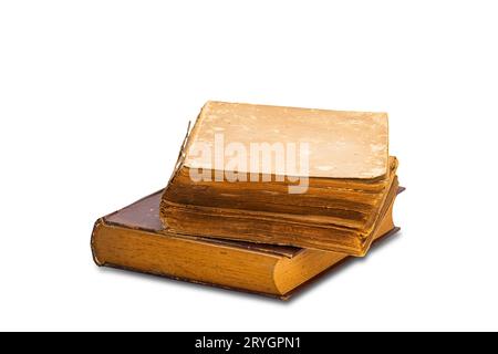 Closeup of stained hardcover two old books isolated on white background ...