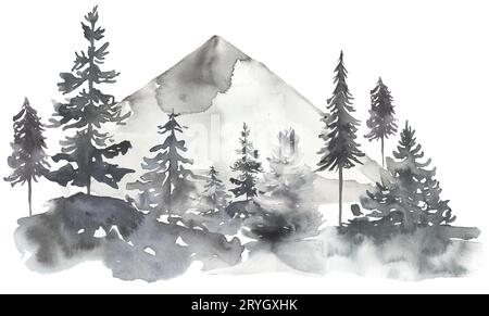Watercolor pine trees and abstract woodland mountains isolated on white ...