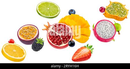 Falling exotic fruit slices isolated on white background with clipping ...