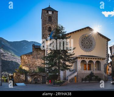 11th century stone St. Esteve Church with sun star, Andorra la Vella ...
