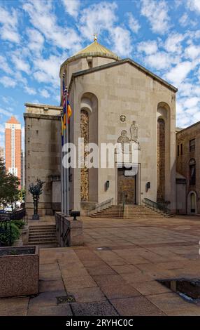 Gold-domed St. Vartan Armenian Apostolic Cathedral rises from a raised ...