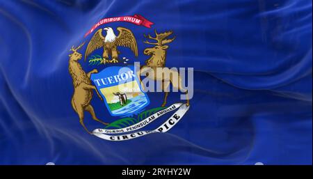 Close up view of the Michigan state flag waving. Michigan Michigan is a ...