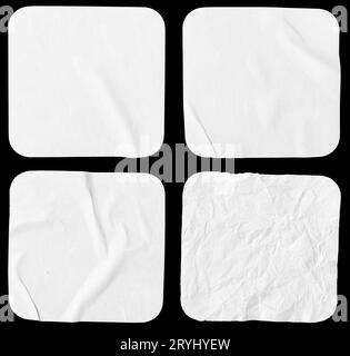 Set of blank white square shape cards. Crumpled paper pieces isolated ...