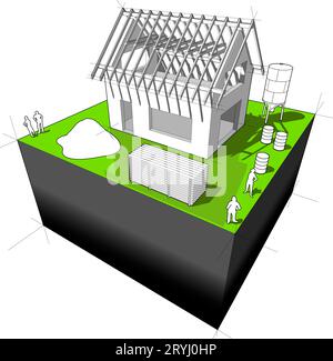 3d illustration of simple detached house with wooden roof framework ...