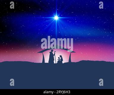 Star of Bethlehem, or Christmas Star. Silhouettes of Jesus Christ, Mary ...