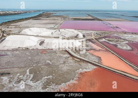 Aerial view over beautiful salt fields in Provence, France Stock Photo ...