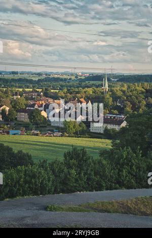 A vertical aerial view of houses surrounded by trees covered with snow ...