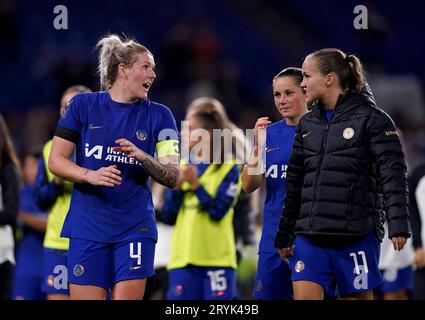 Chelsea's Millie Bright and Guro Reiten react following the UEFA Women ...