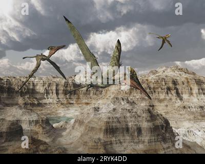 Pterosaur Pterodactylus flying over a mountain landscape Stock Photo ...