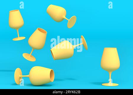 Yellow glasses of fresh draft beer on a grey monochrome background. 3D ...