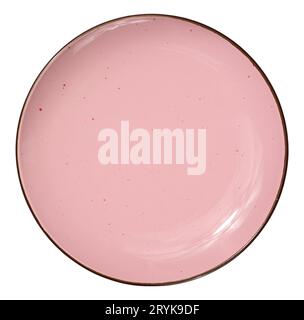 Empty ceramic pink plate on a gray background, top view. Flat lay ...