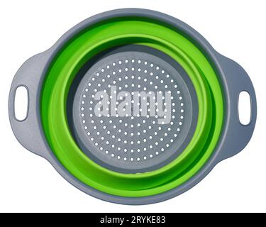 New plastic colander isolated on white, top view. Cooking utensils ...