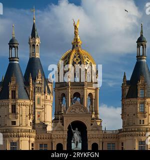 Facade with Archangel Michael and equestrian statue of Fuerst Niklot ...