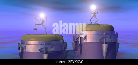 Light bulb figure dancing on a keyboard isolated on white background ...