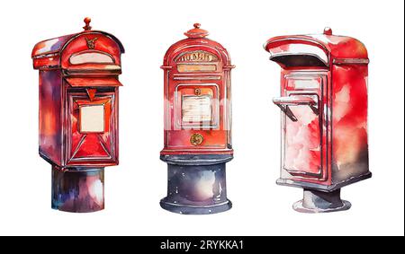 Mailbox watercolor. Vintage blue letter container on a wooden stand ...