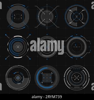 HUD compass, futuristic vector set of optical round aiming, sci-fi spaceship dashboard neon ...