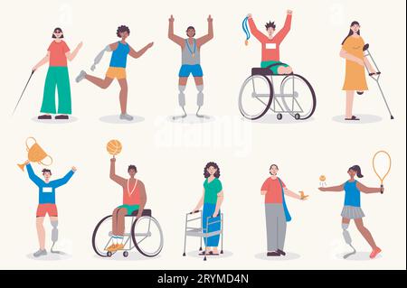 Set of diverse people with disabilities. Blind characters with guide ...