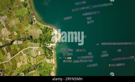 Agriculture in Sumatra with farmland and fish farm view from above ...