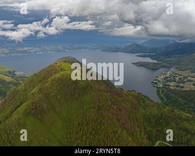 Top view of lake Toba is a large natural lake and and an island with ...