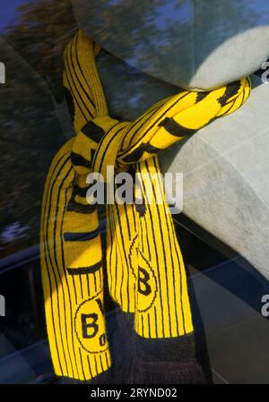 Fan scarf of Borussia Dortmund in a car, Dortmund, Ruhr area, North ...