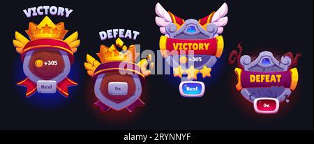 Victory and defeat game ui badges set isolated on black background ...