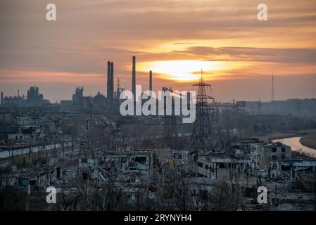 Destroyed buildings of the workshop of the Azovstal plant in Mariupol ...