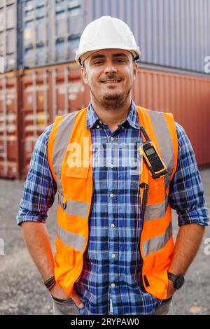 portrait logistics industry engineer worker with cargo shipping dock ...