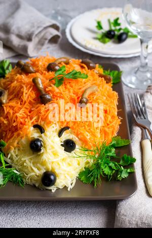 Colorful salad is decorated in the form of a hedgehog. idea for Stock ...