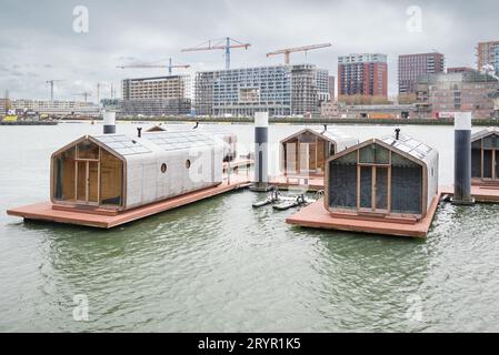 Tiny floating houses in Rotterdam port city in South-Holland the west ...