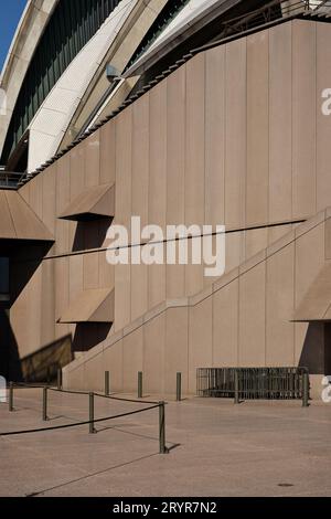 Detail of the monumental cast concrete and granite cladding, awnings ...