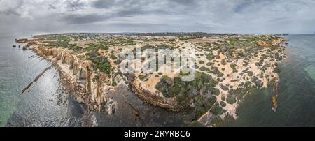 Panoramic drone picture over Praia do Arrifes beach in Portuguese ...