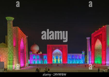illuminated famous Registan of Samarkand, Uzbekistan, Central Asia ...