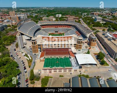 An aerial view of Darrell K Royal-Texas Memorial Stadium on the campus ...
