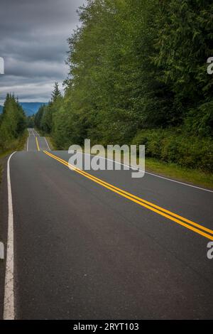 A scenic road with a bright yellow centerline winding through a lush ...