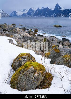 landscape in Mefjorden. The Senja island during winter in the north of ...