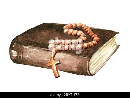 illustration of a cross on beads. Christian attribute without ...