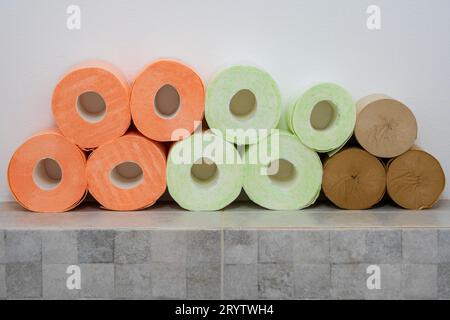 Different types of toilet paper. Rows of Toilet Coils. soft hygienic ...