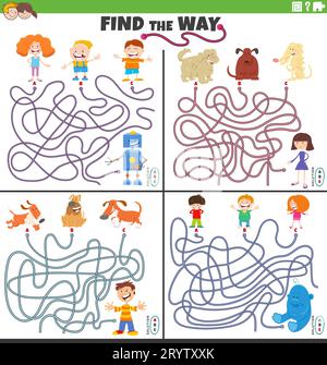 Cartoon illustration of find the way maze puzzle games set with ...
