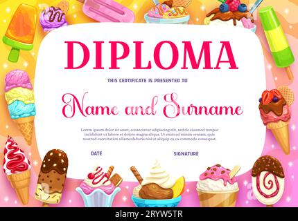 Kids diploma cartoon ice cream vector certificate with delicious ...