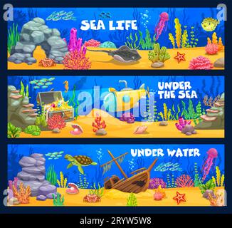 Cartoon underwater landscape banners. World oceans day, environment ...