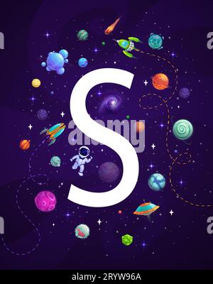 Cartoon space letter N on starry galaxy vector background. Kids ...