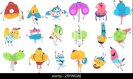 Abstract shapes characters. Geometric mascot faces with funny emotions ...