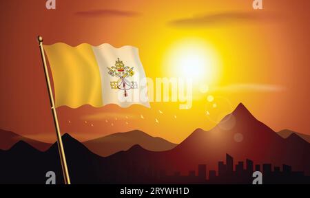 Vatican City flag with sun background of mountains and lakes Stock ...