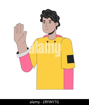 Latino young man saying hello black and white 2D line cartoon character ...