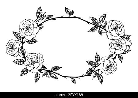 Roses frame. Vintage simple line art. Hand drawn ink sketch. Engraving ...