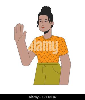 Top knot black girl saying hi black and white 2D line cartoon character ...