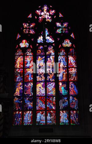 A vertical shot of a stained-glass window in the Metropolitan Cathedral ...